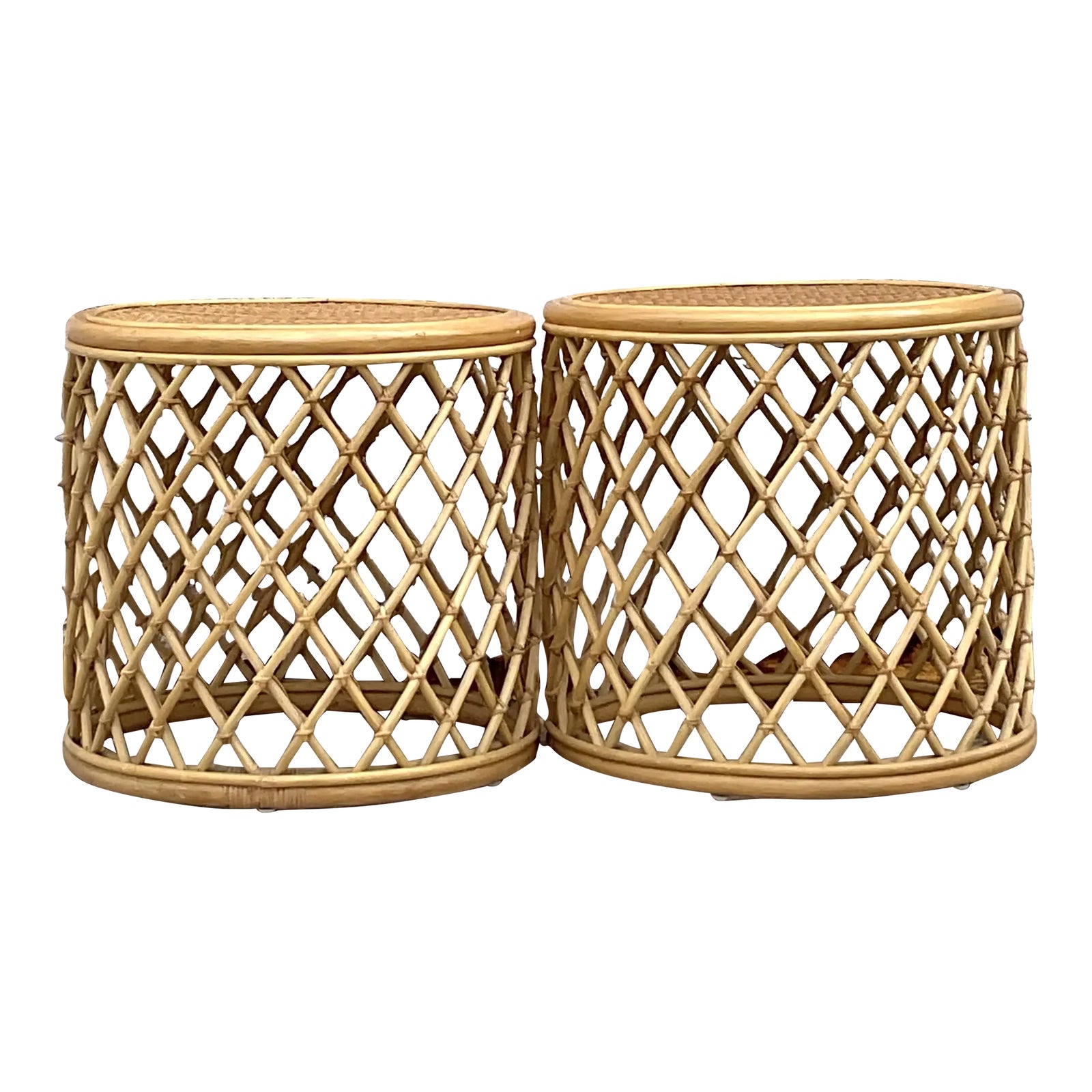 Vintage Coastal Trellis Rattan Side Tables - a Pair | Chairish