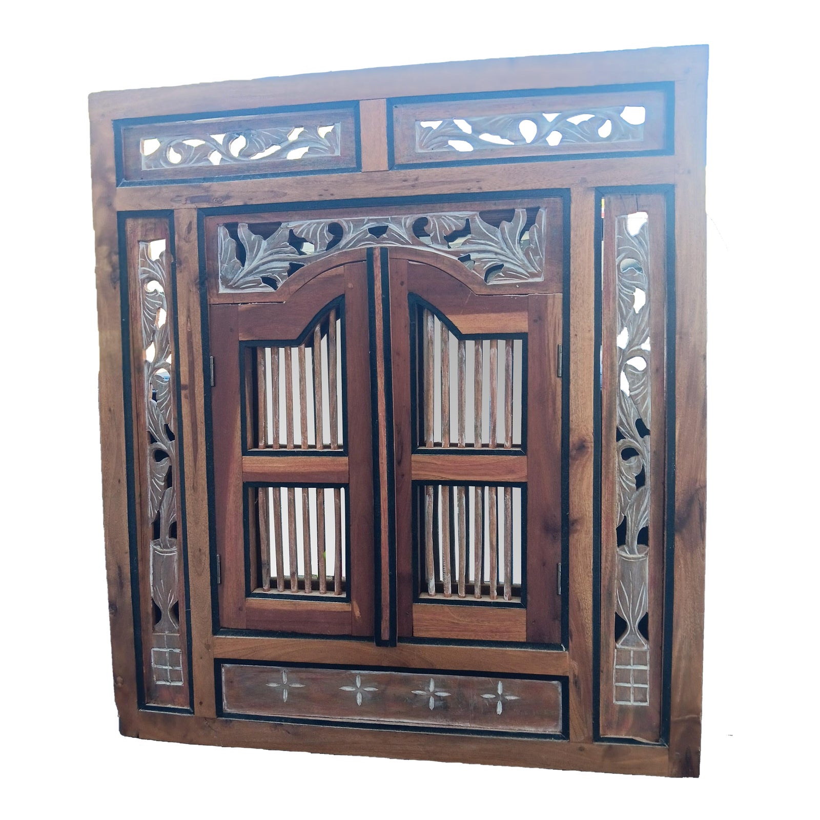 Balinese Anglo-Asian Carved Teak Wall Mirror Window Shutter | Chairish