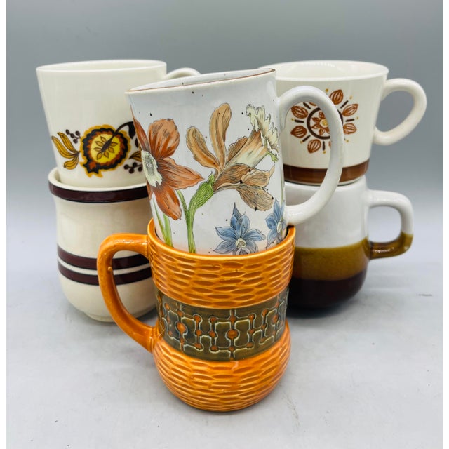 Mismatched Set of 6 Vintage Stoneware Coffee Cups | Chairish