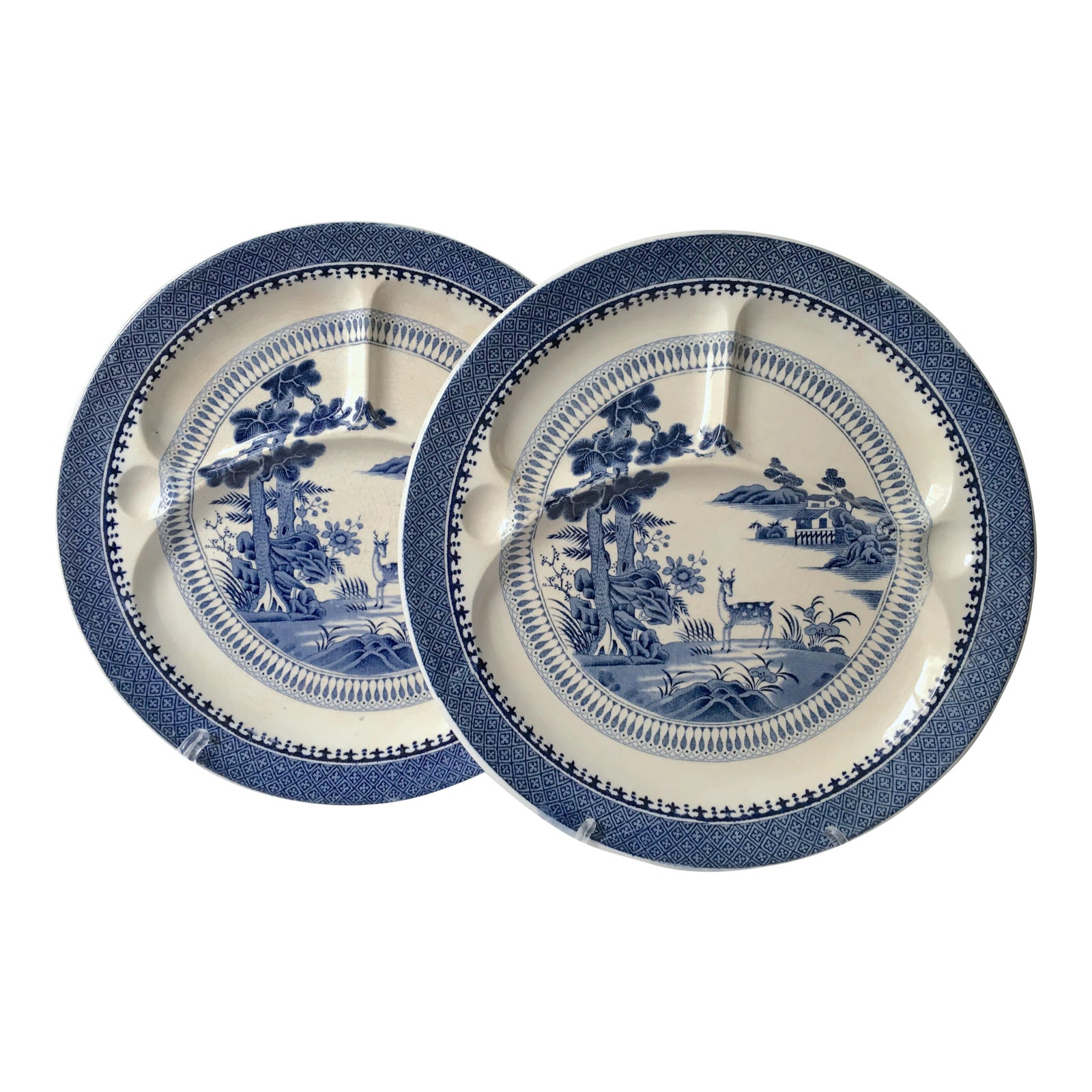 1910s Chinoiserie Ceramic Transferware Grill Plates - a Pair | Chairish