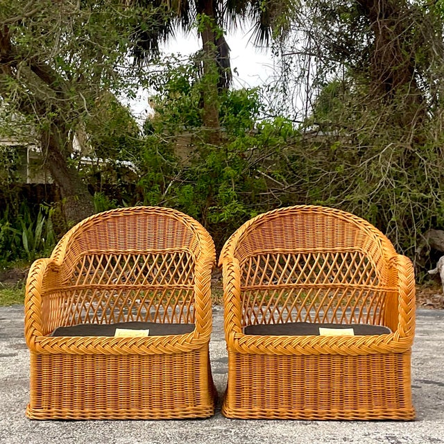 Vintage Coastal Henry Link Braided Rattan Lounge Chairs - a Pair | Chairish