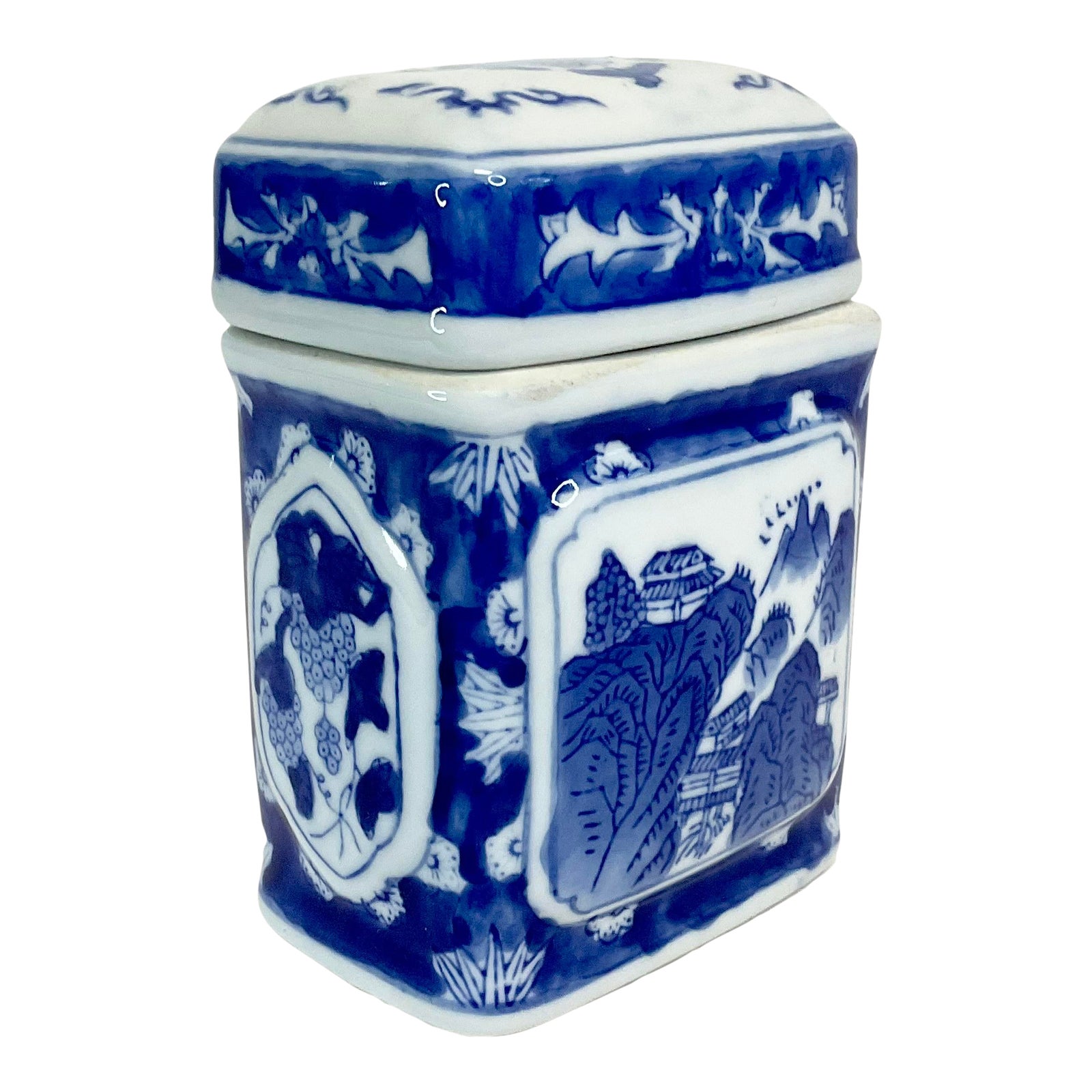 Mid-Century Chinoiserie Boho Chic Blue & White Square Ginger Jar ...