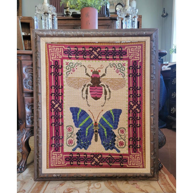 Vintage 1940s Needlepoint Butterfly & Bee | Chairish