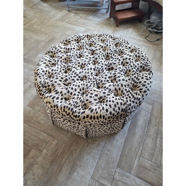 Tufted Round Ottoman With Leopard Fabric | Chairish
