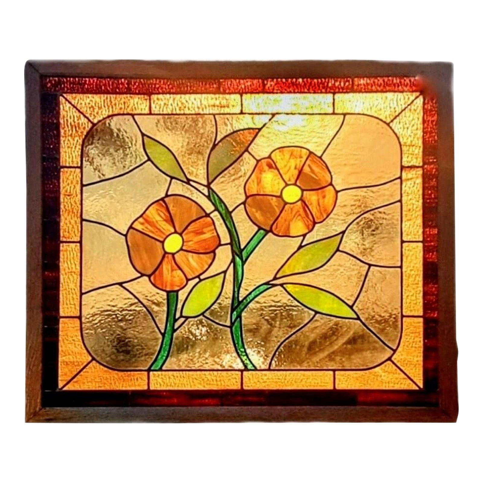 Extra Large 1970s Orange and Green Leaded Stained Glass Panel Window ...