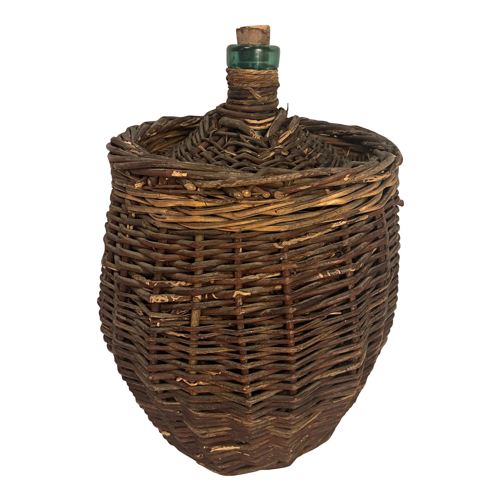 Green Glass Demijohn/Carboy Wrapped in Wicker With Cork Stopper | Chairish