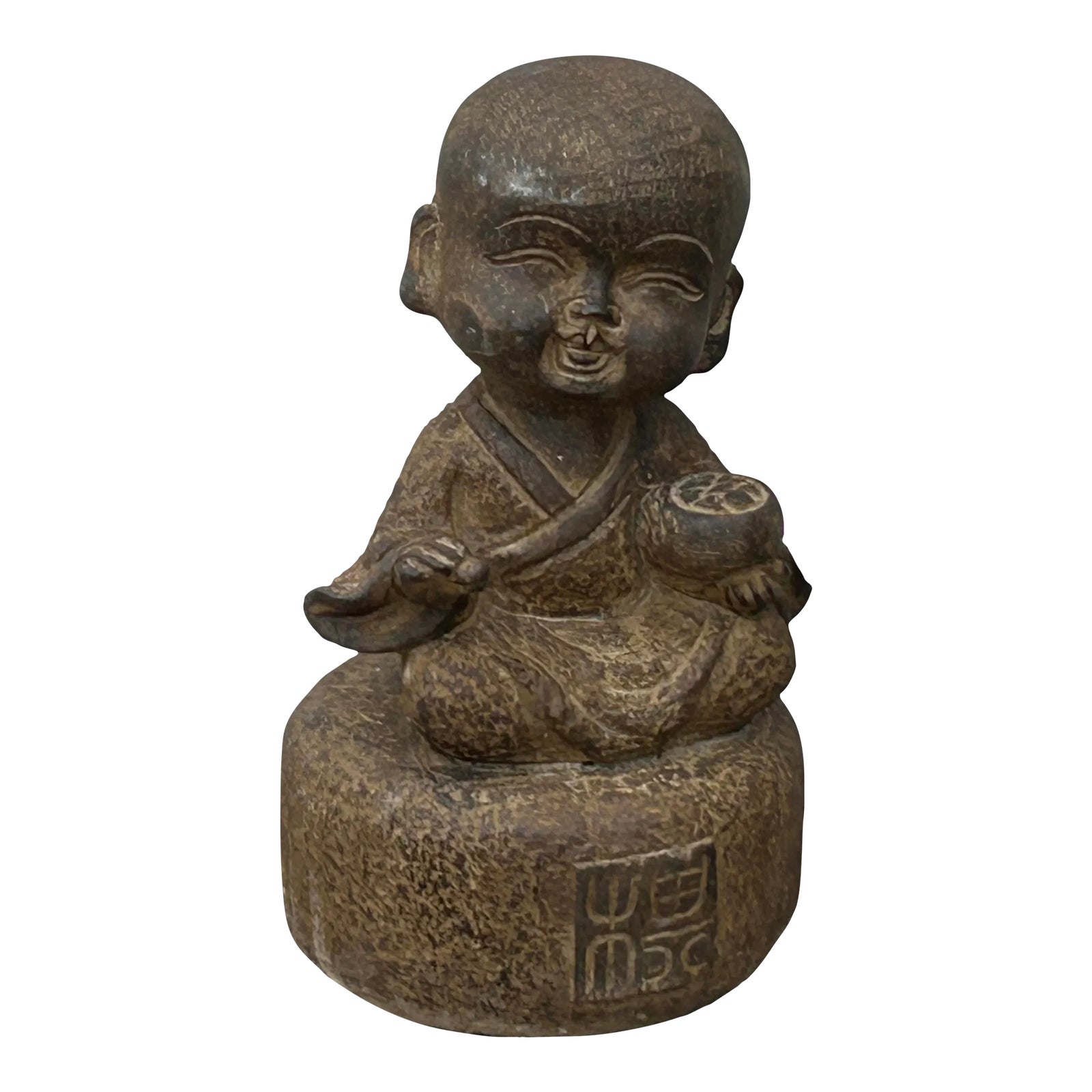 Oriental Gray Stone Little Lohon Monk Playing GoChess Statue | Chairish