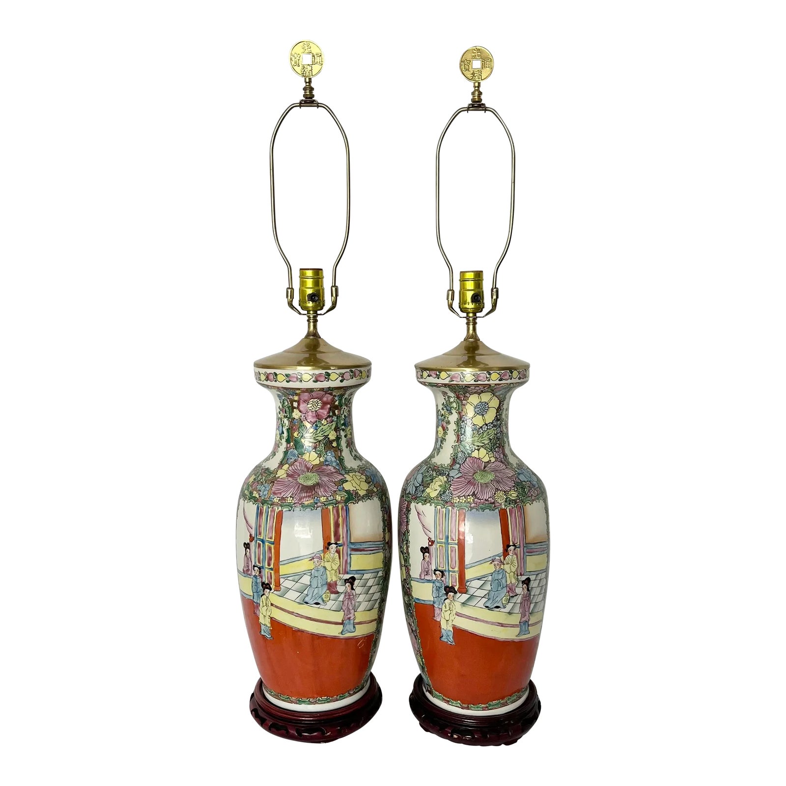 Large Antique Rose Medallion Vase Lamps- a Pair | Chairish