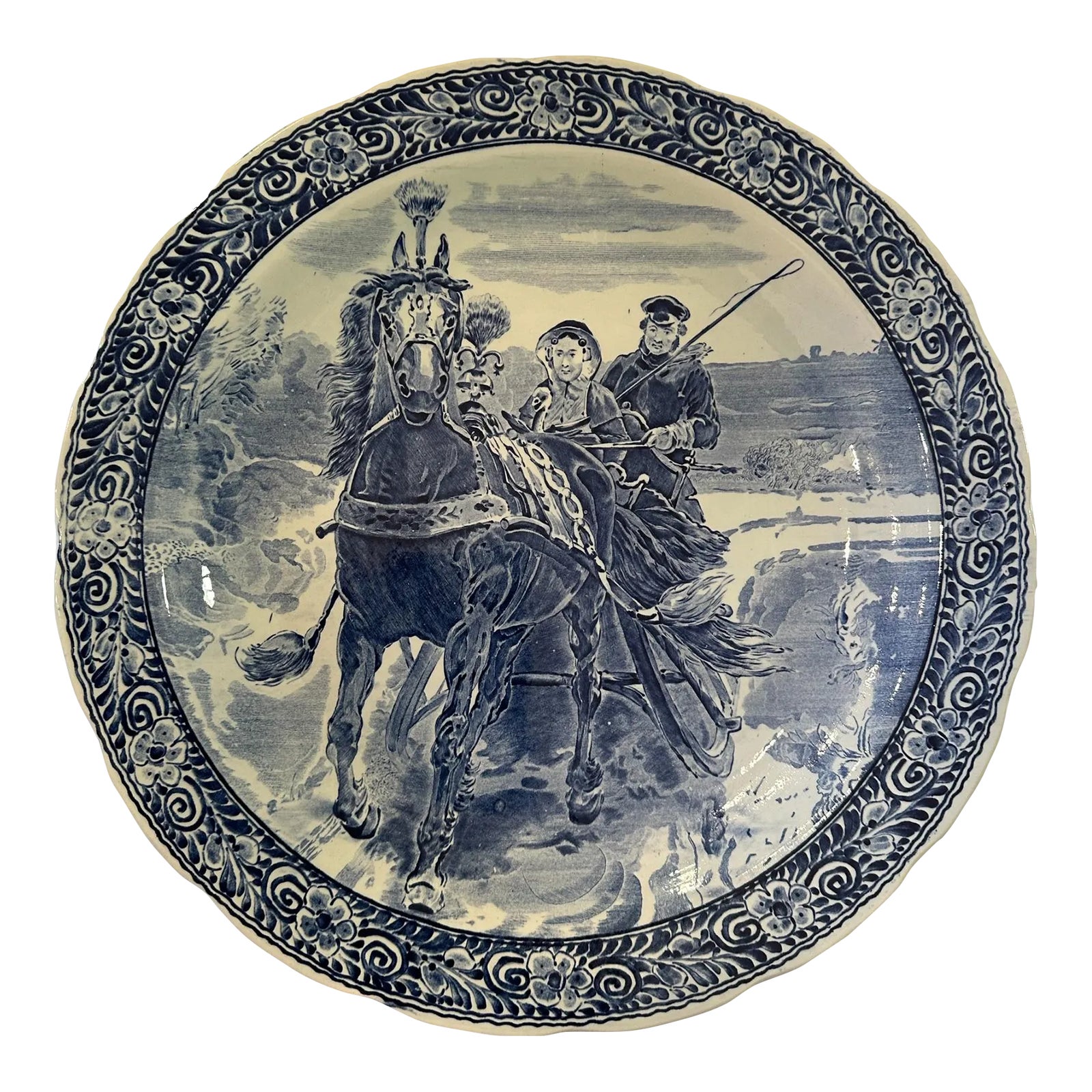 Vintag Large Delft Boch Blue and White Plate With Carriage Scene | Chairish