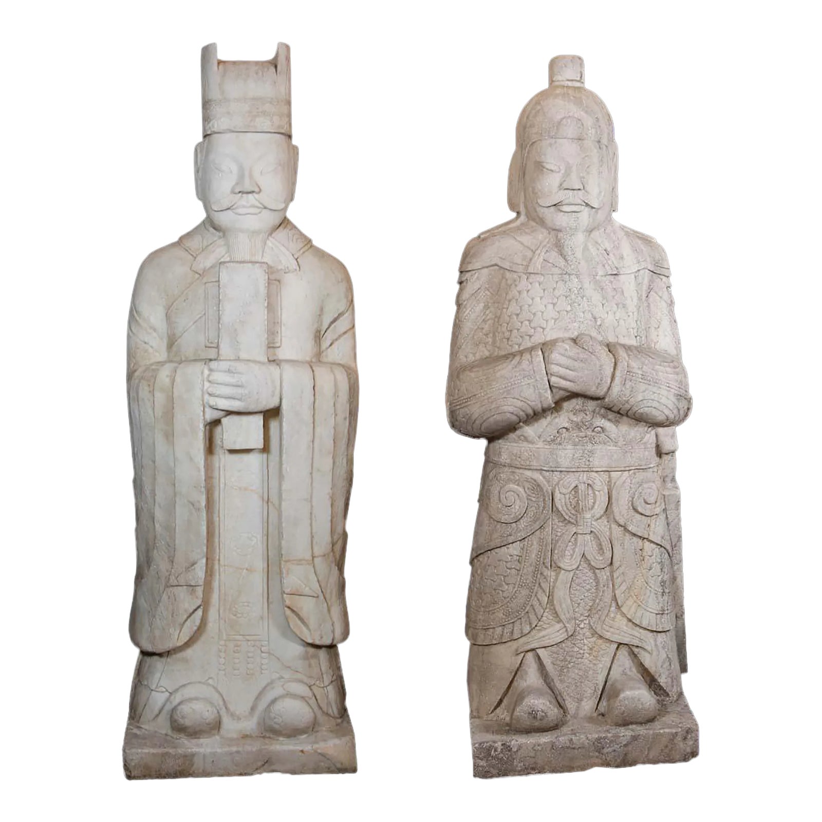 Mid 20th Century Chinese Marble Civil Officer & Military Leader Statues ...