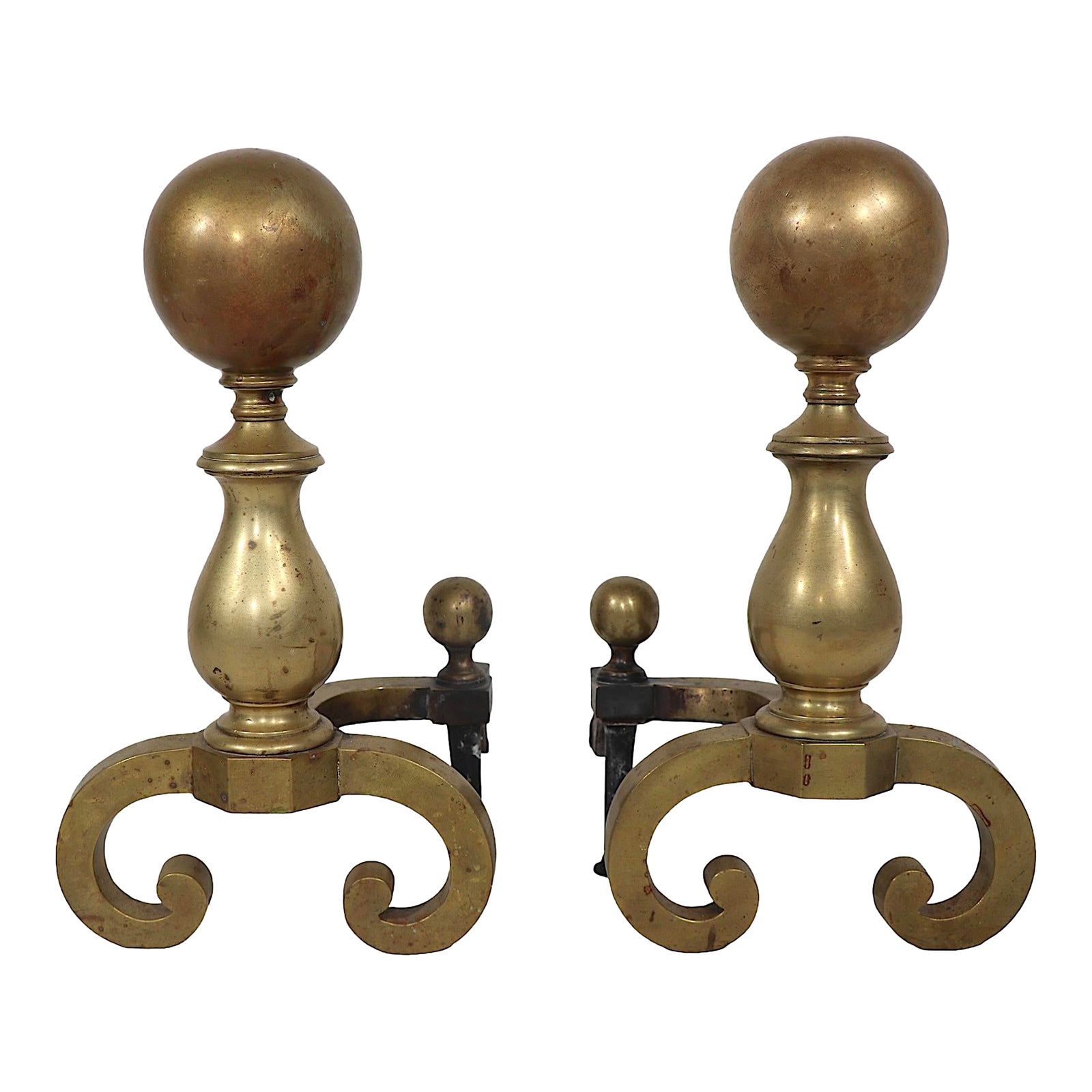 Pr. Cast Brass Cannonball Style Andirons | Chairish