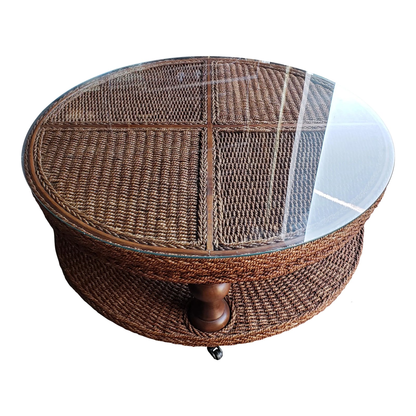 Farmhouse Rustic Wicker Cocktail Table With Protective Glass | Chairish