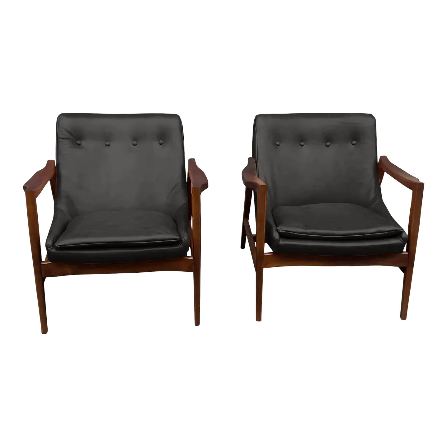 Modern Mid Century Black Leather Lounge Chairs - a Pair | Chairish