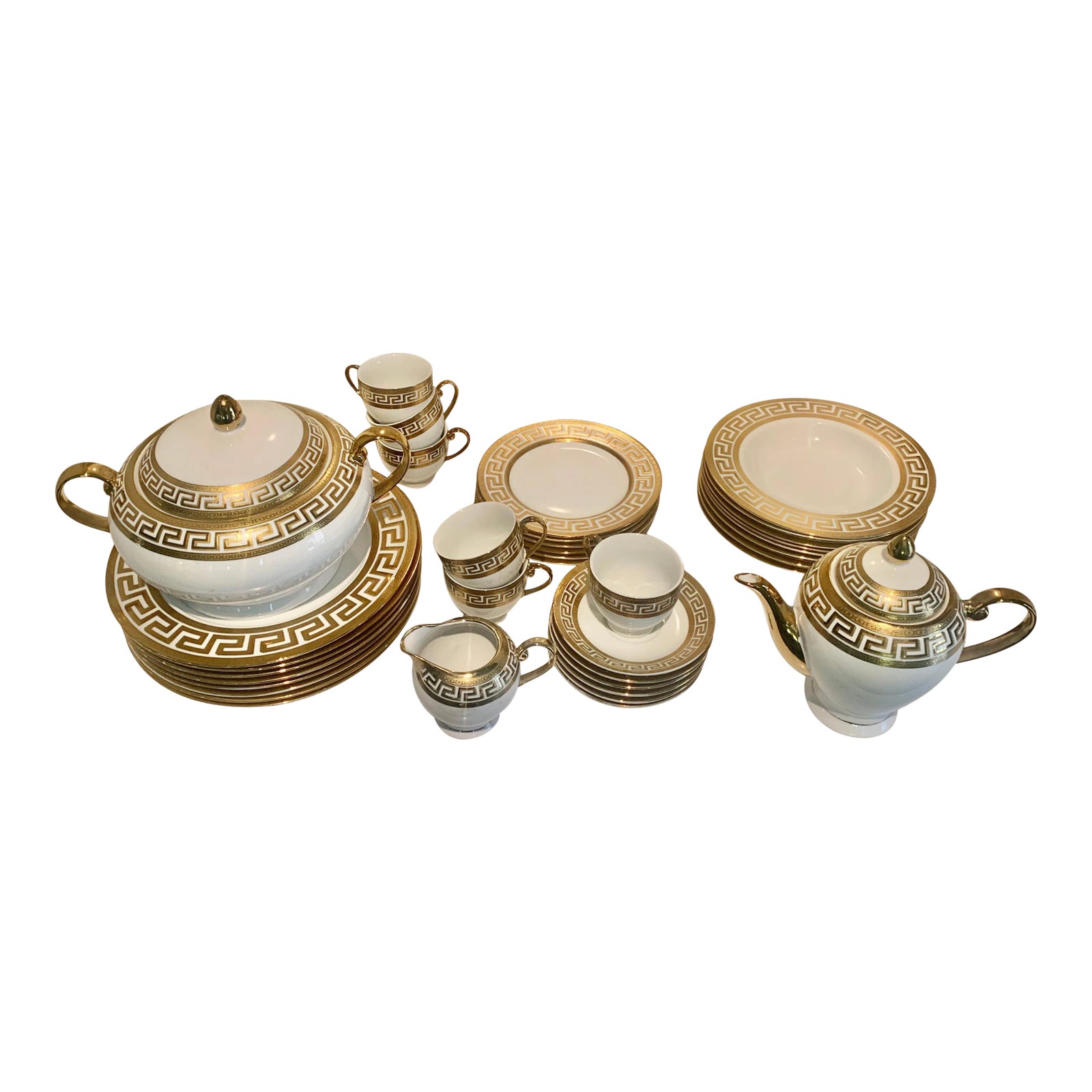 German White & Gold Porcelain Greek Key Dinnerware - 33 Pieces | Chairish