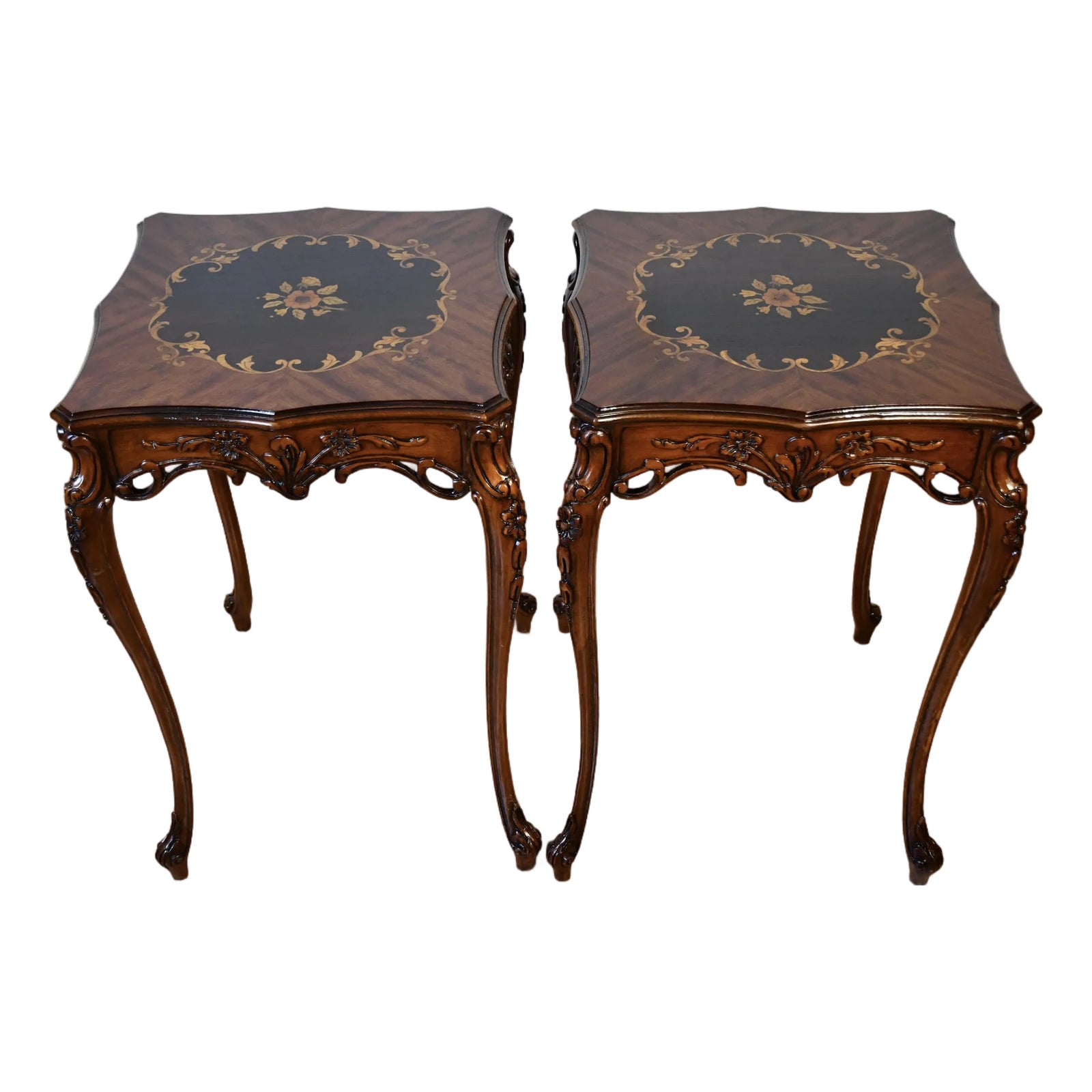 1930s Weiman French Louis XV Walnut Inlaid Pair of Side Tables / End ...