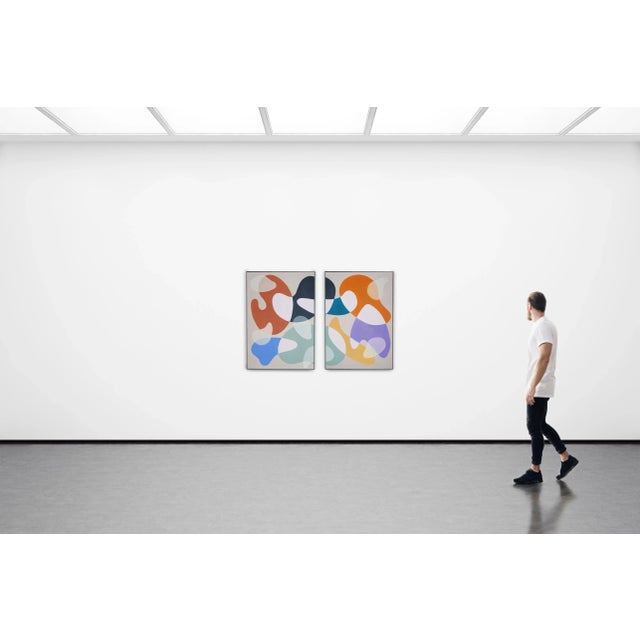 2024, Mid-Century Shapes Diptych of "Pastel Palette Curves", Acrylic Painting on Watercolor ...