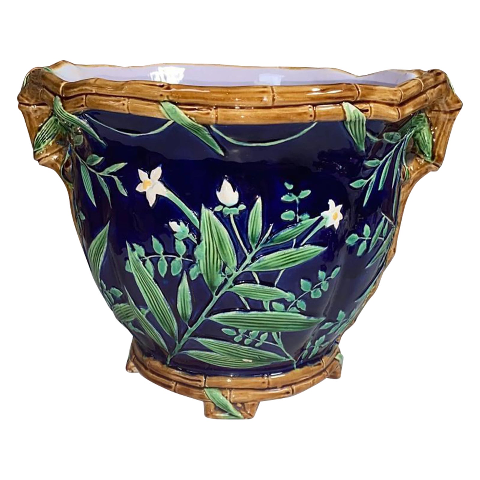 19th Century Majolica Minton Bamboo & Flowers Jardiniere | Chairish