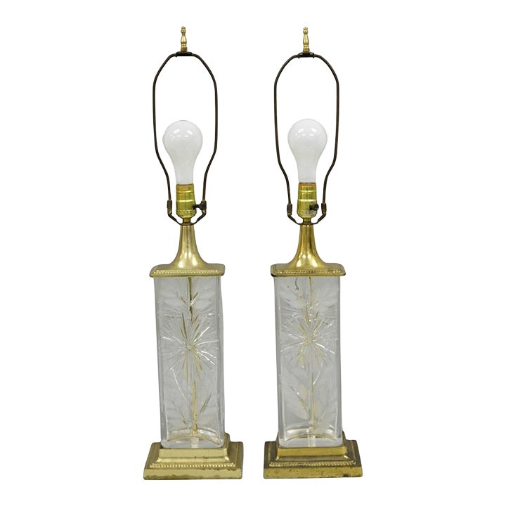 Vintage Dresden Victorian Cut Crystal Glass Flower Brass Table Lamps ...
