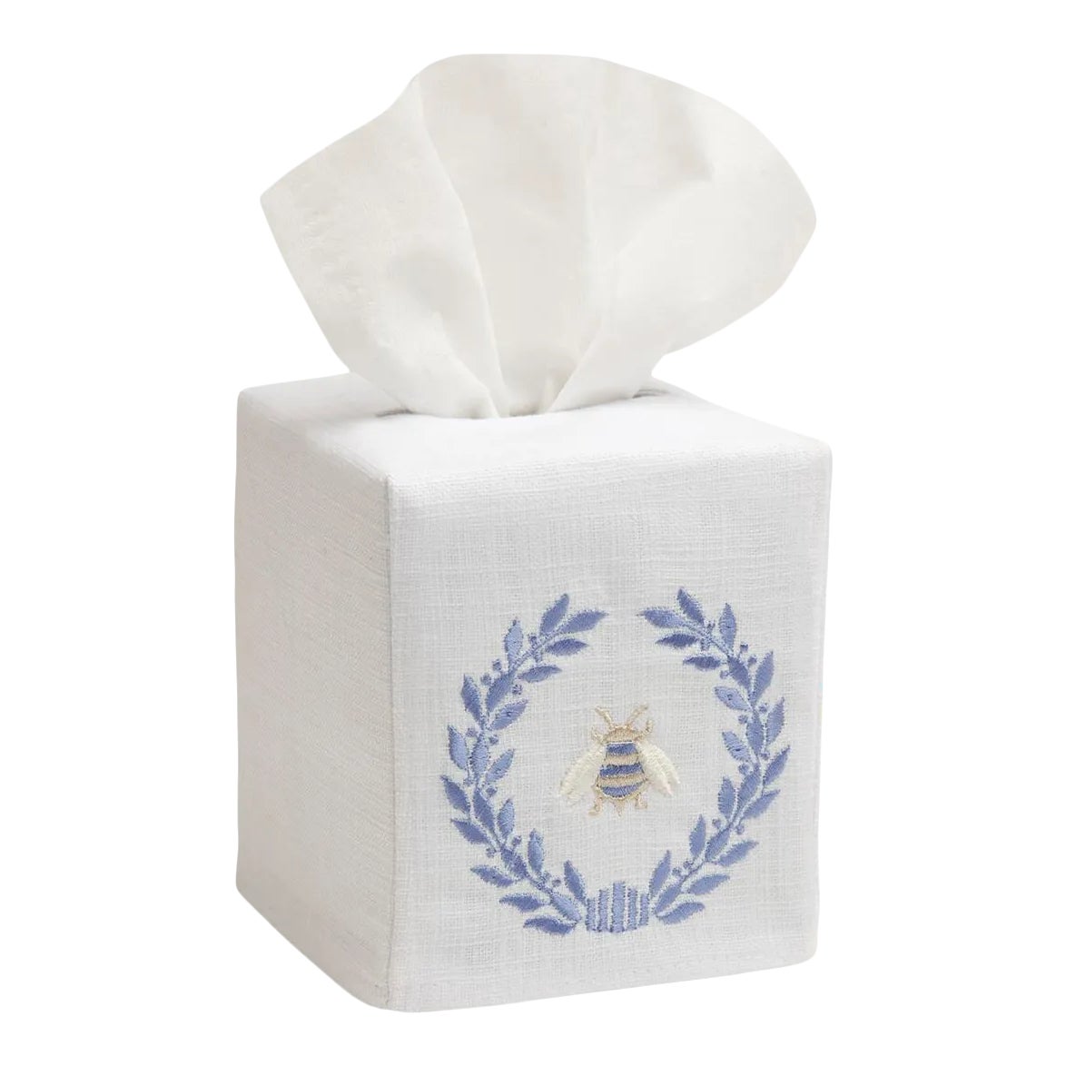Blue Napoleon Bee Wreath Tissue Box Cover in White Linen & Cotton ...