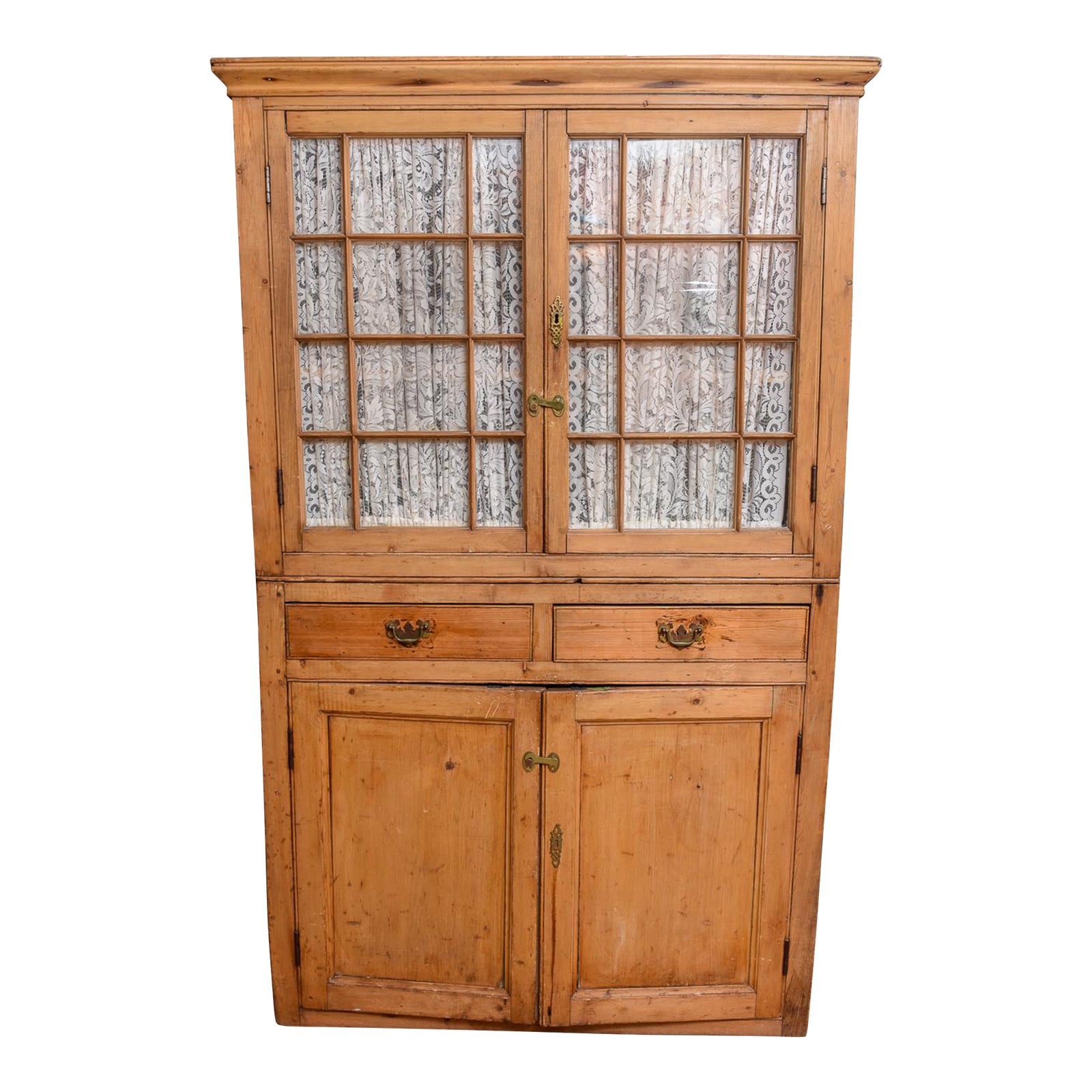 19th Century Antique English Two-Piece Pine Breakfront Cupboard Cabinet ...