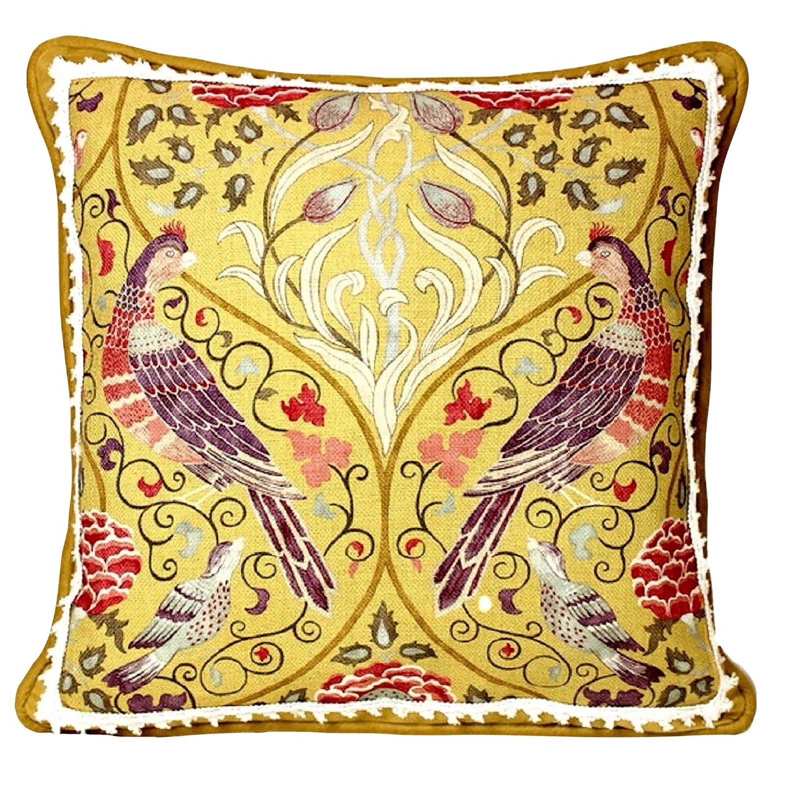 Vintage 1895s Linen & Velvet Bordered Pillow With Fringe Trim and ...