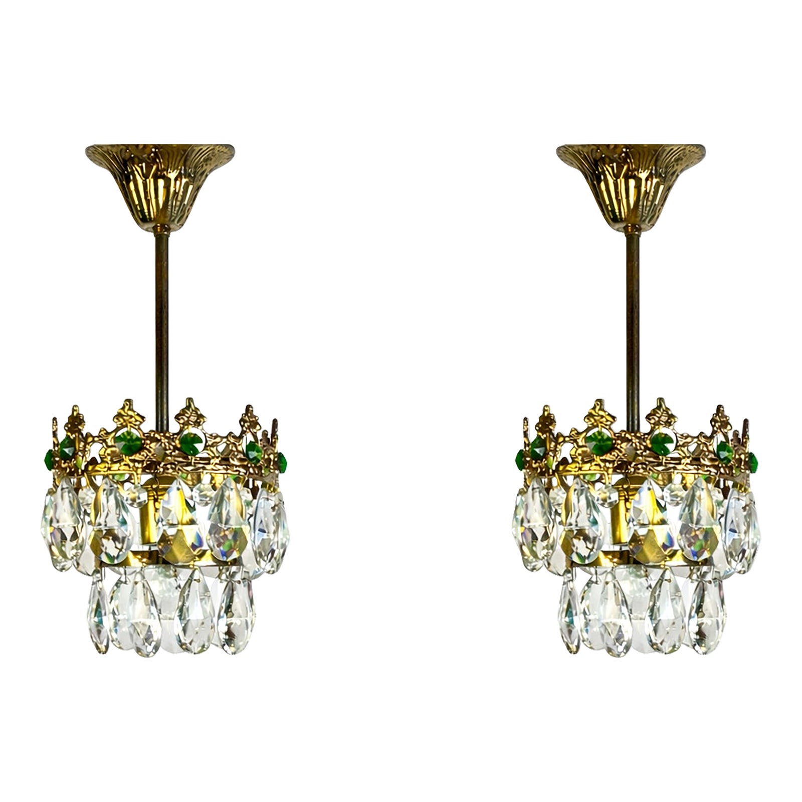 1970s Pair Match Antique Vintage Brass Crystal Crown Flush Mount ...
