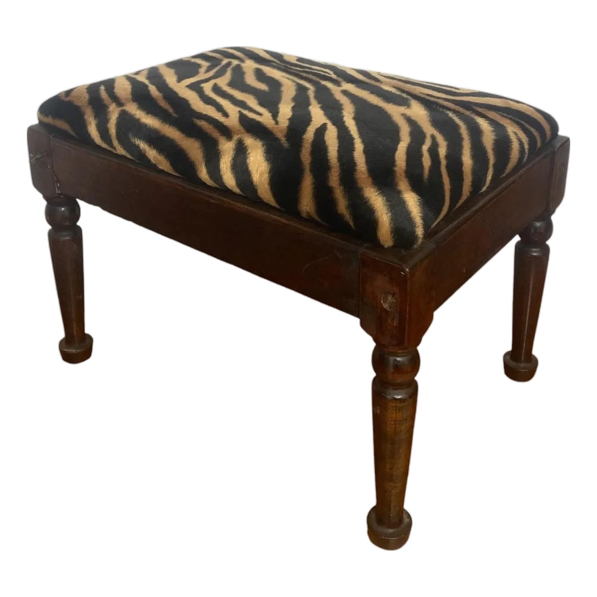 1920s English Mahogany Footstool With Turned Legs and Zebra Pattern ...