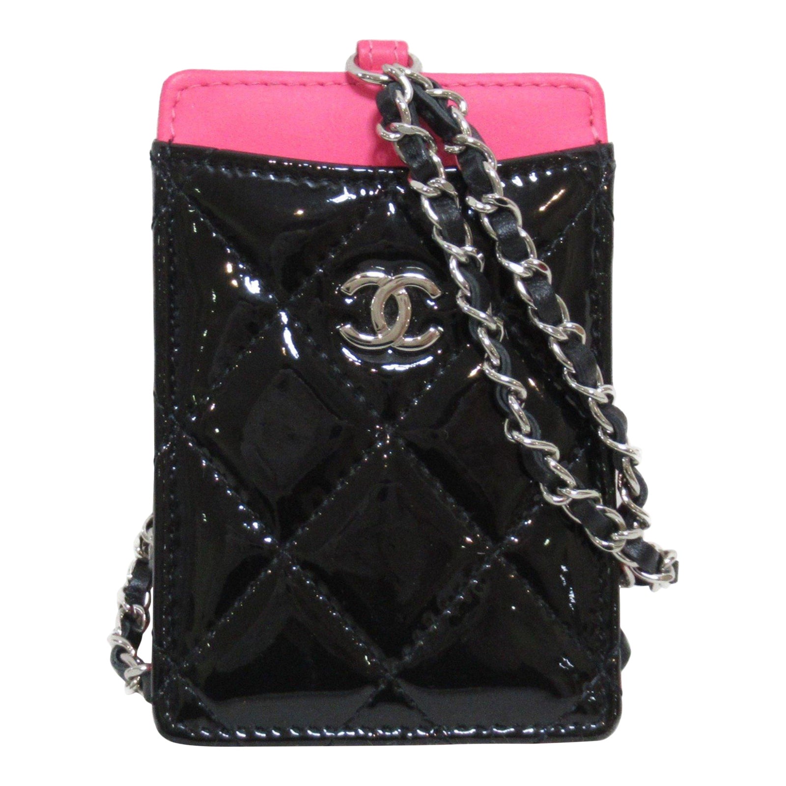 Chanel Card Case With Chain [Ginza Limited] Pink Black Enamel | Chairish