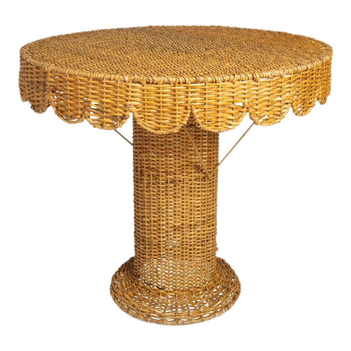 Scalloped Wicker Pedestal Table, 38" | Chairish