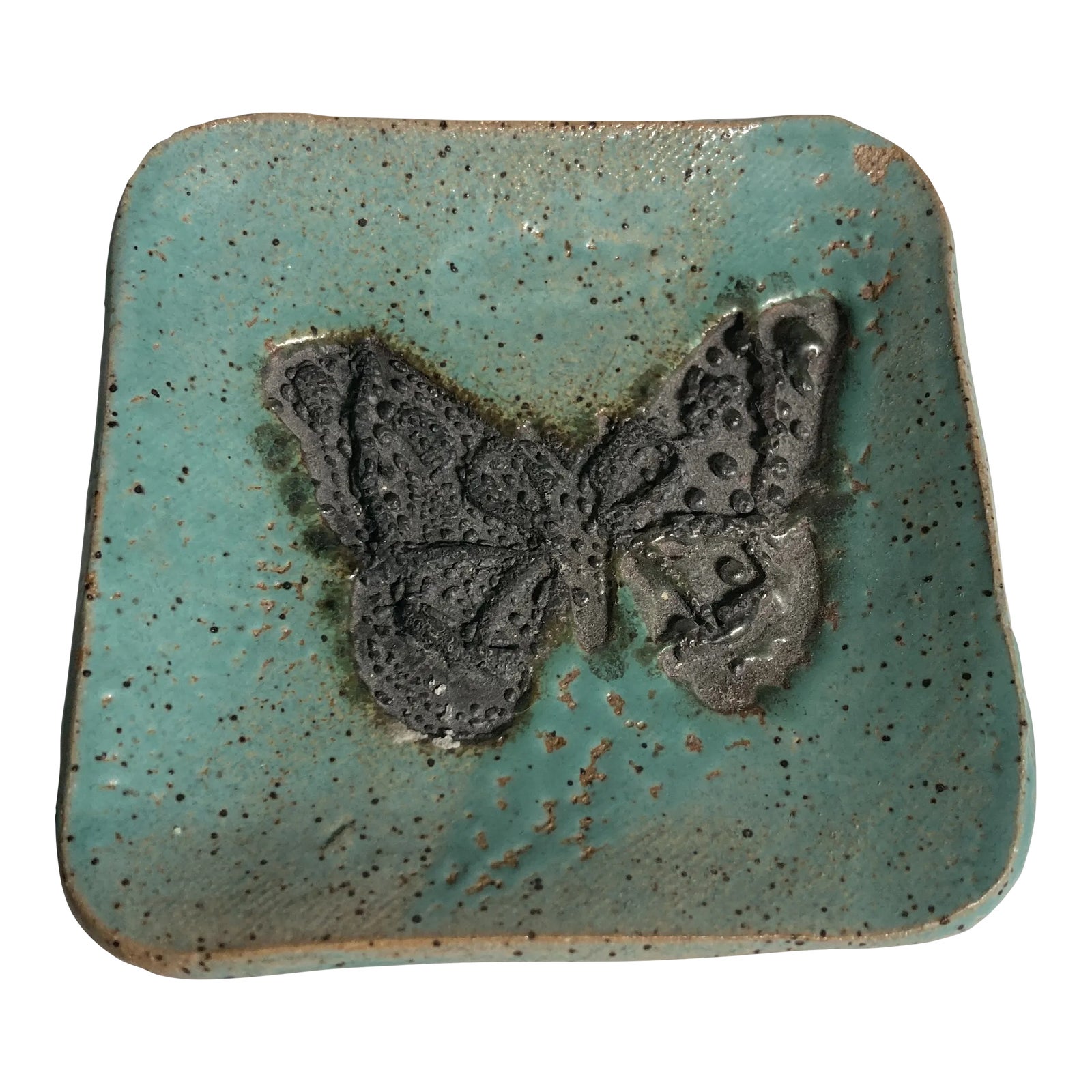 Vintage Handmade Square Pottery Butterfly Decor Catchall | Chairish