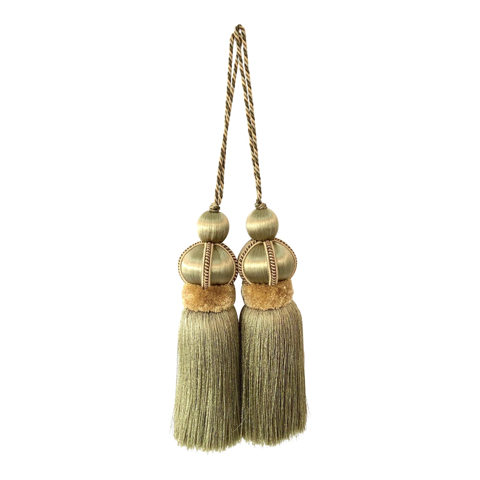 Olive Green Key Tassels With Cut Velvet Ruche - a Pair | Chairish