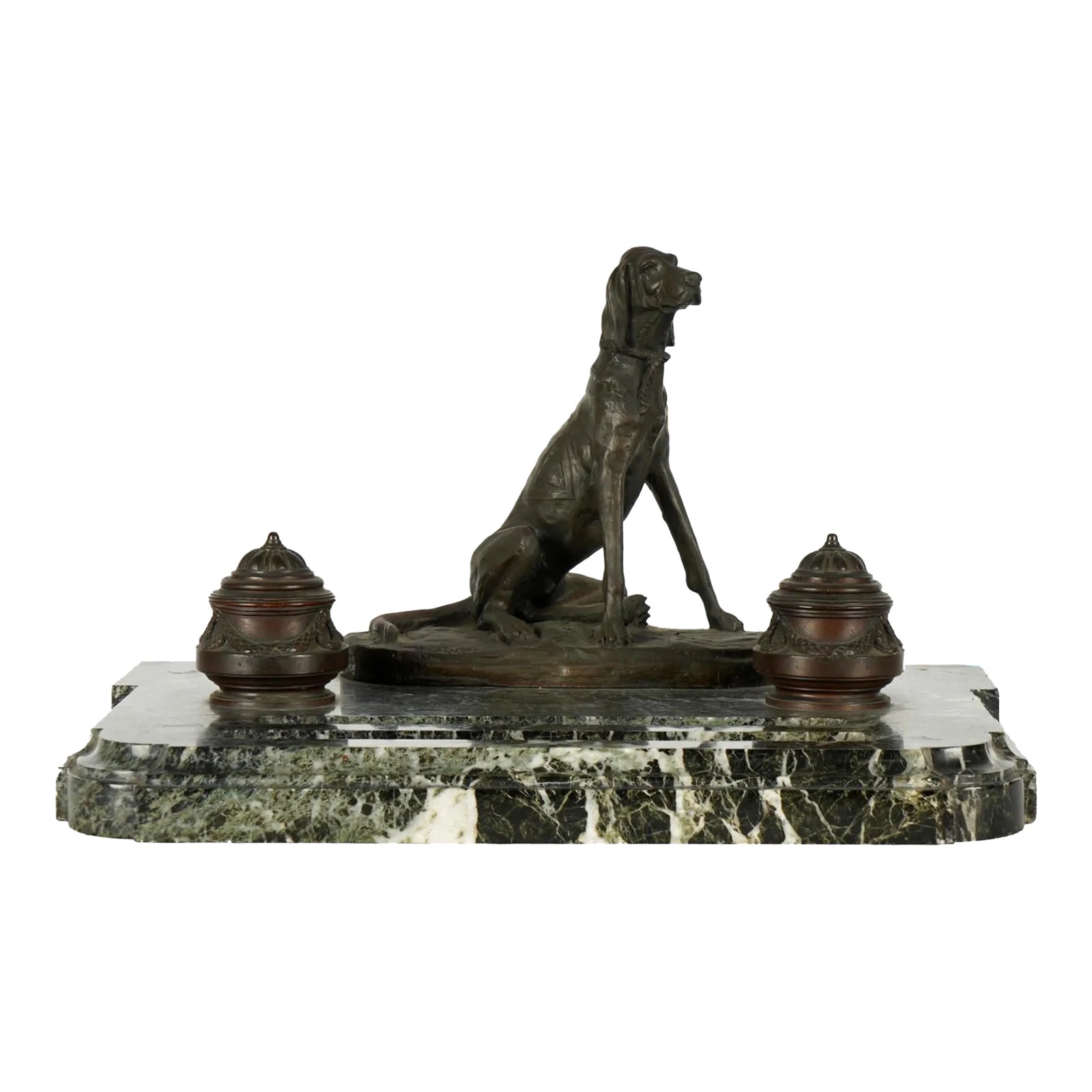 Antique Auguste Nicholas Cain Bronze & Marble Dog Sculpture Inkwell ...