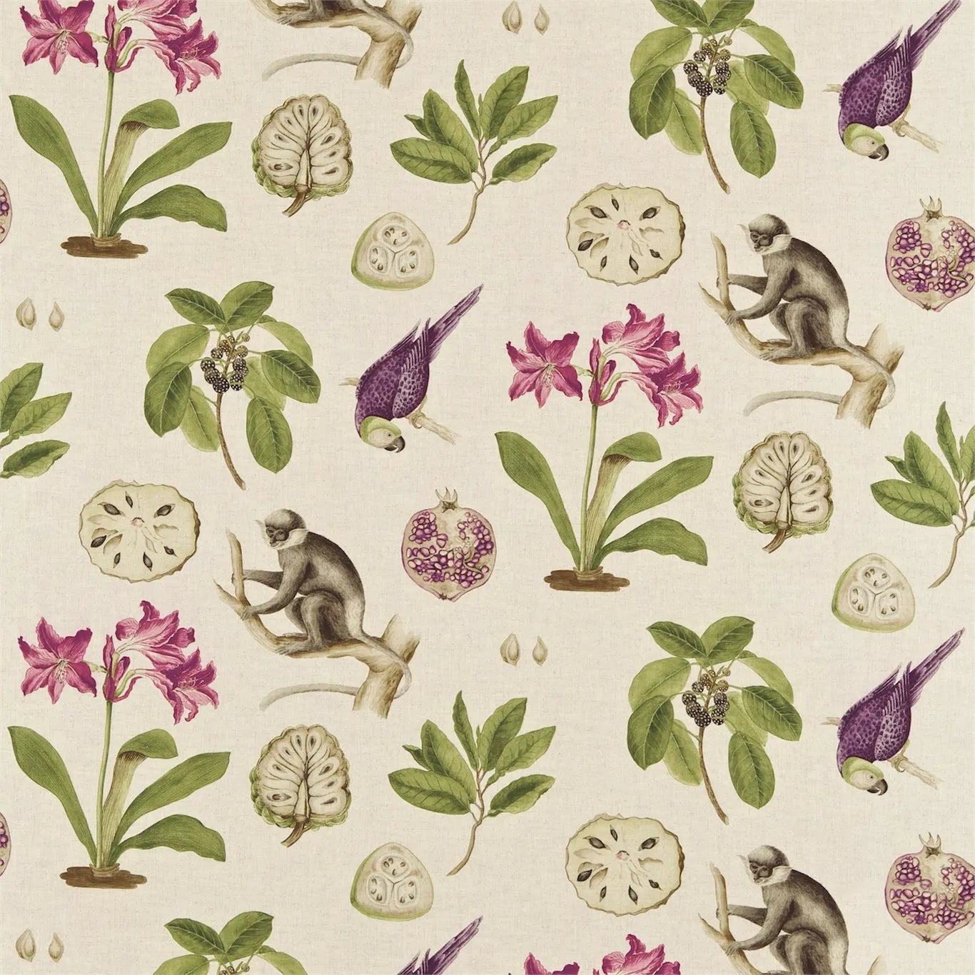 Sanderson Capuchins Fabric in Boysenberry | Chairish
