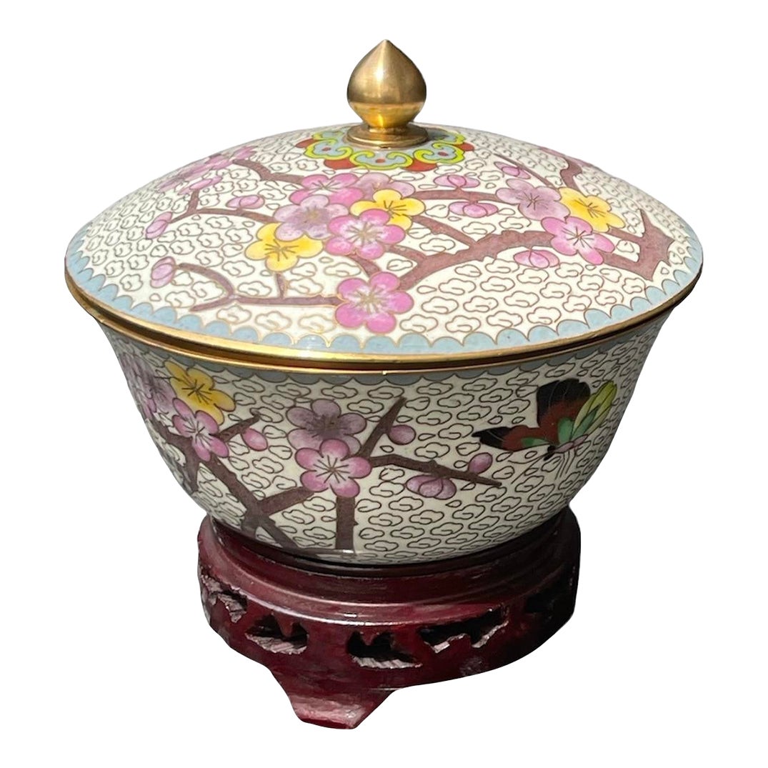Vintage Cherry Blossoms and Butterflies Cloisonné Jar Bowl With Lid ...