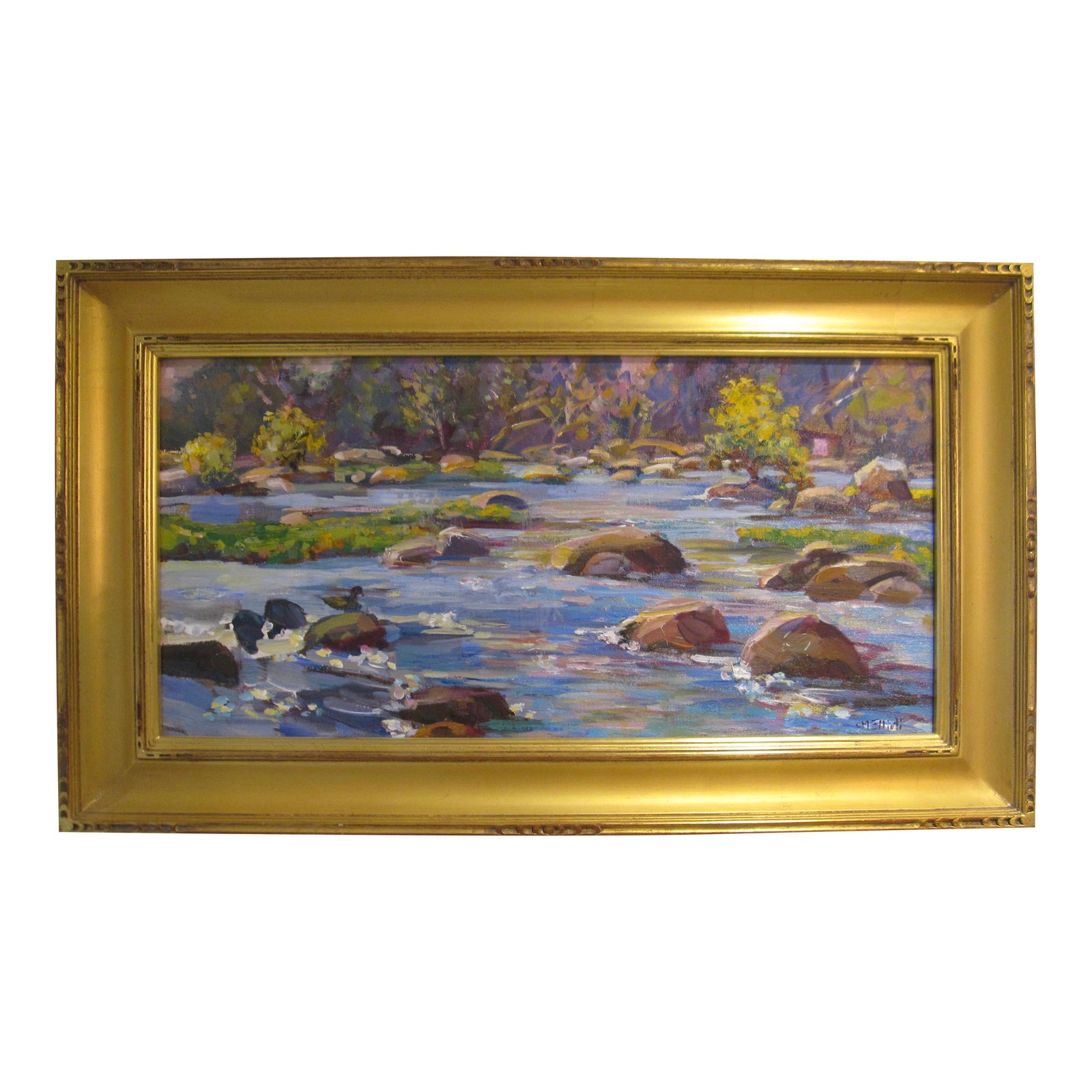 Impressionist River Landscape Painting by Catherine M. Elliott, Framed ...