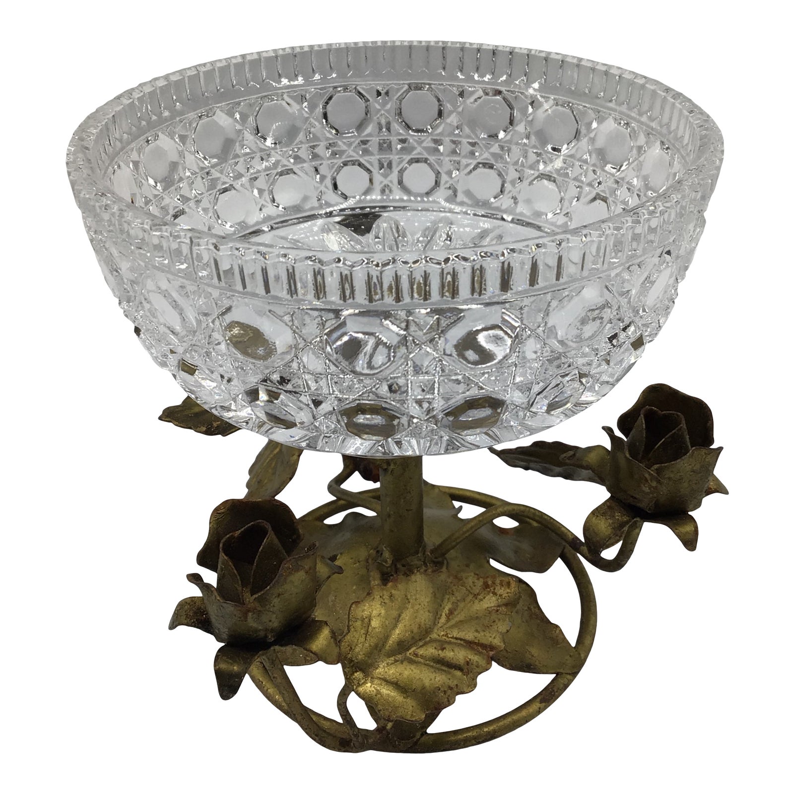 Vintage Flamingo Bohemia Cut Crystal Bowl With Gold Gilt Italian Tole ...