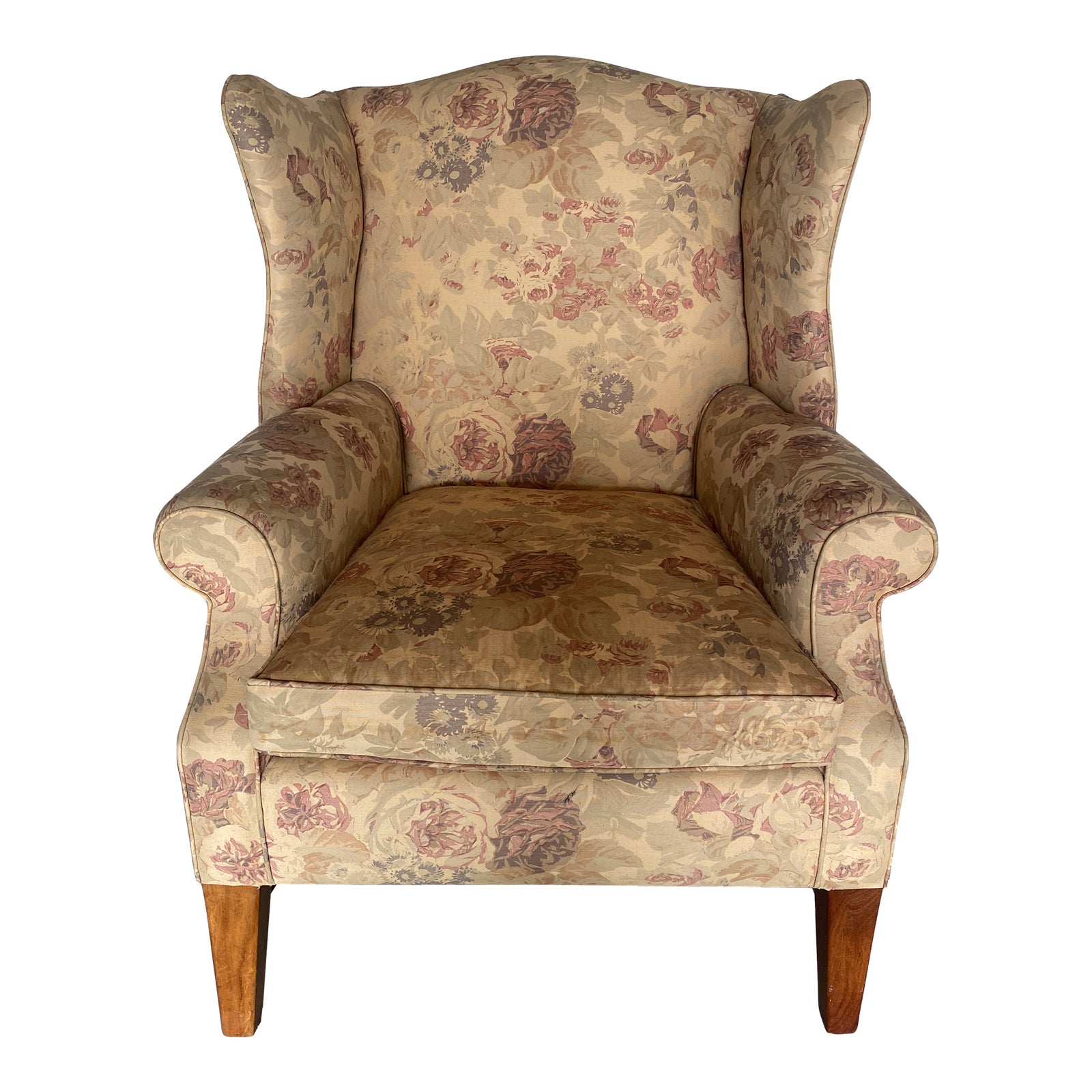 Vintage Mid Century Floral Upholstery Wingback Chair | Chairish
