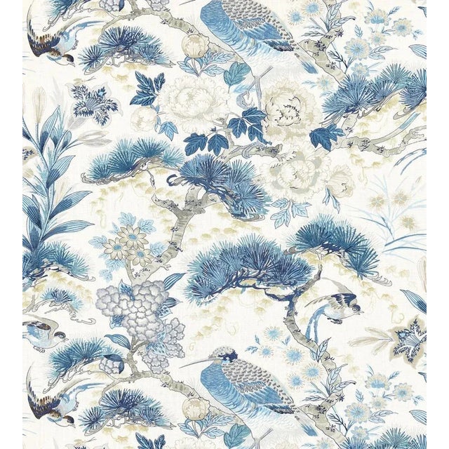 The House of Scalamandré Shenyang Linen Print Fabric, Porcelain | Chairish
