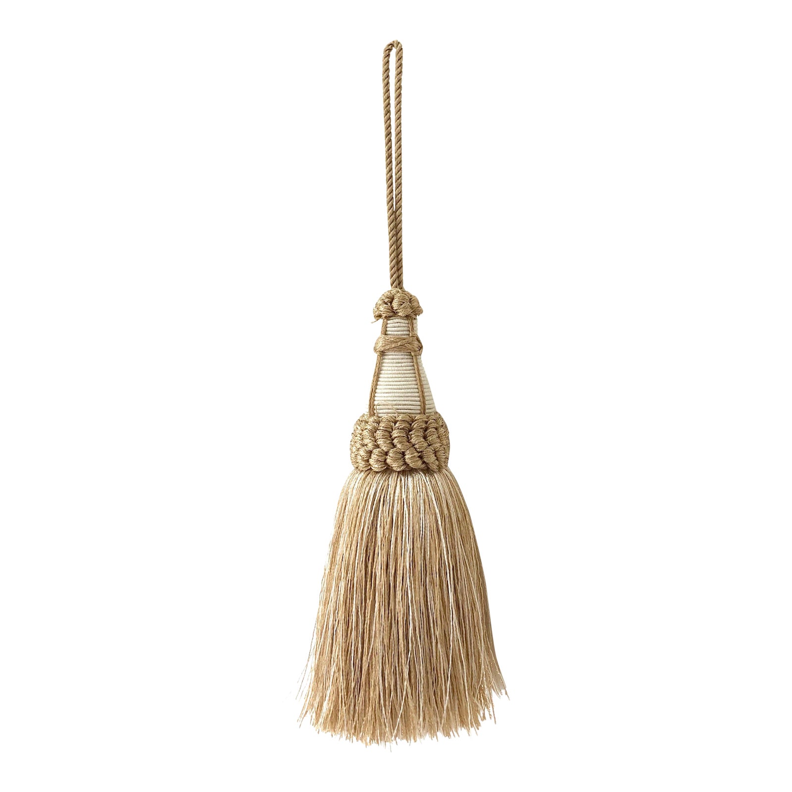 Tan and White Key Tassel With Looped Ruche Trim | Chairish