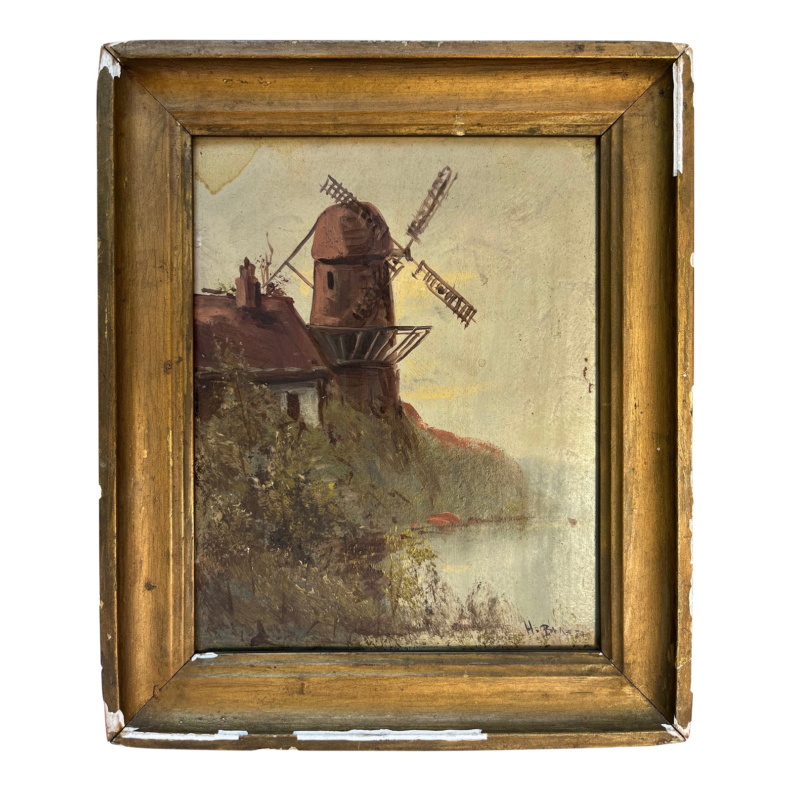 Antique Dutch Style Windmill Landscape Painting | Chairish