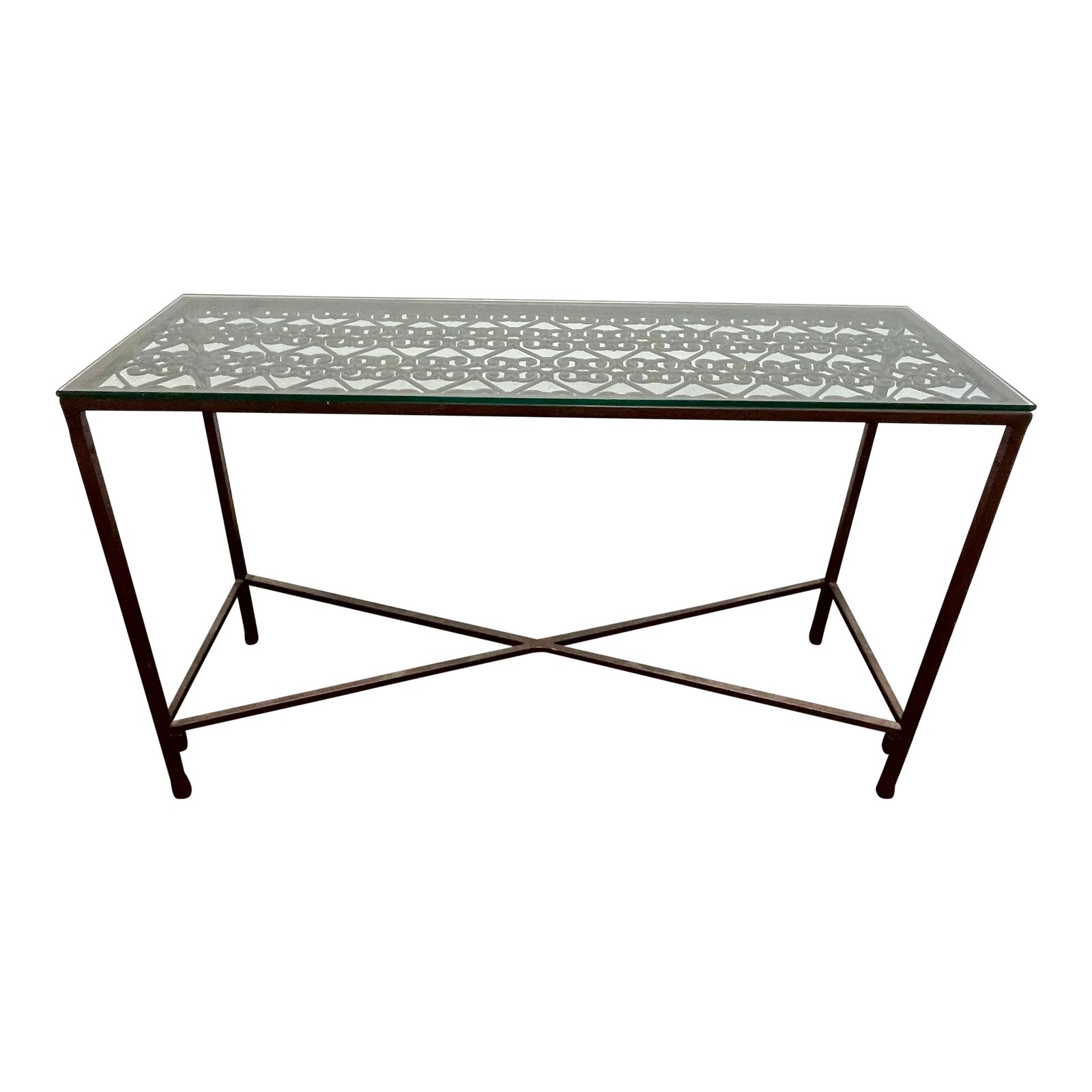 Vintage French Iron Gate Console Table Glass Top | Chairish