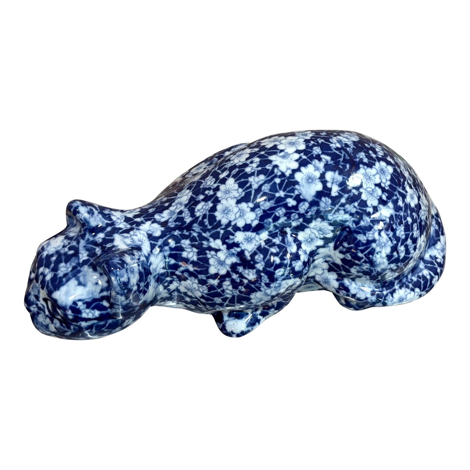 Staffordshire Calico Blue and White Ceramic Cat Statue | Chairish