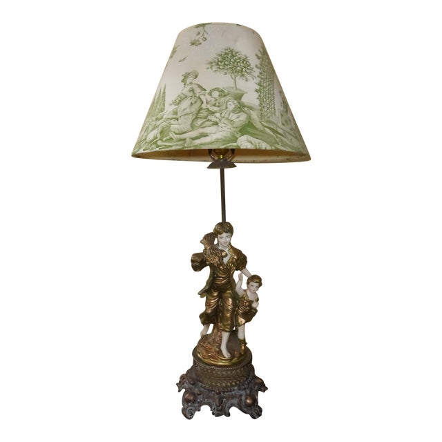 Vintage French Provincial Country Cottage Figure Table Lamp & Green ...