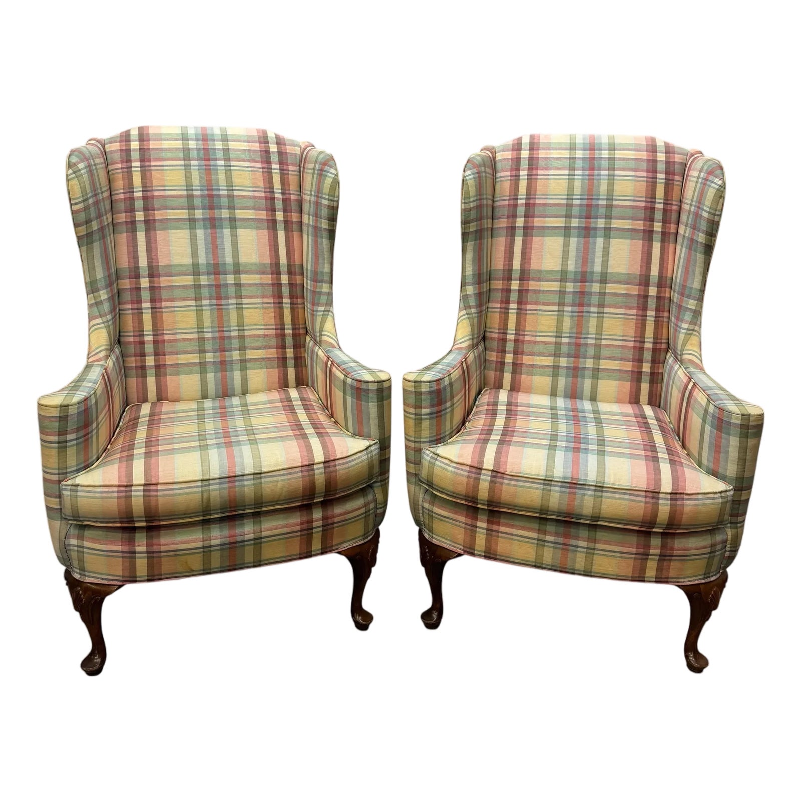 Vintage Chippendale Style Mahogany Frame Plaid Print Upholstery ...