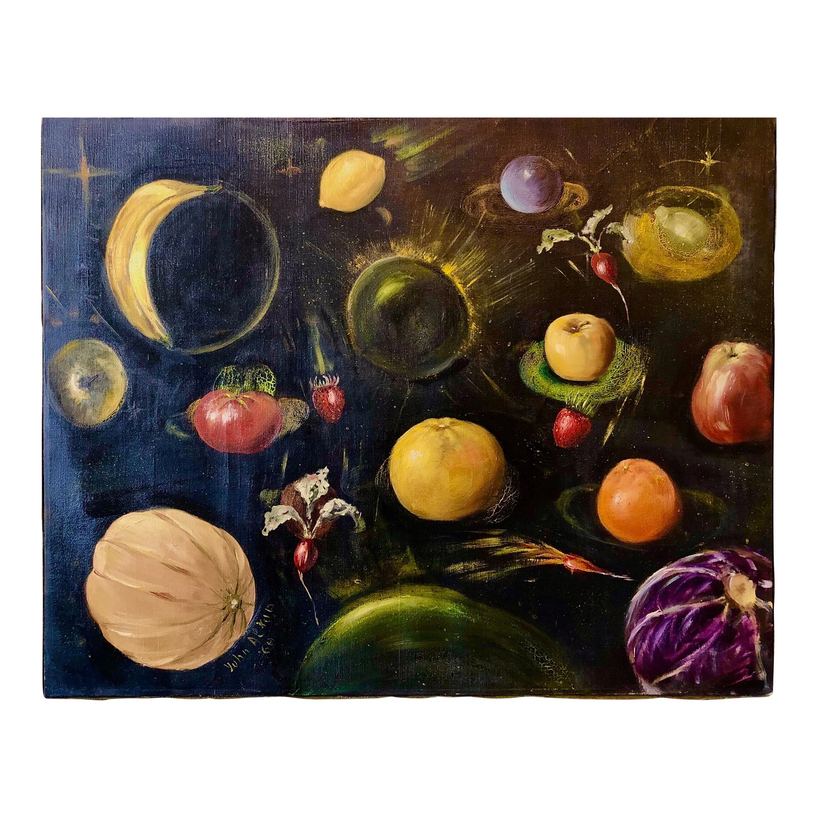 1960 John Alton Surrealist Oil Painting of Cosmic Fruits and Vegetables ...