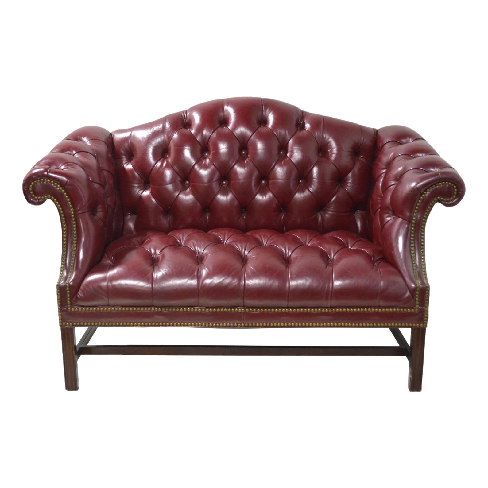 Vintage Tufted Leather Loveseat Classic Camelback Rolled Arms With ...