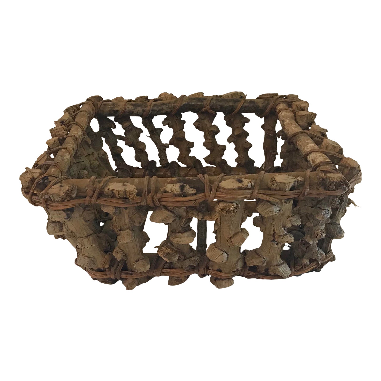 Vintage Hand Made Wooden Branch Basket | Chairish