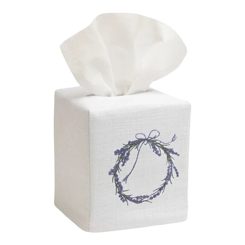 Lavender Wreath Tissue Box Cover in White Linen & Cotton, Embroidered ...