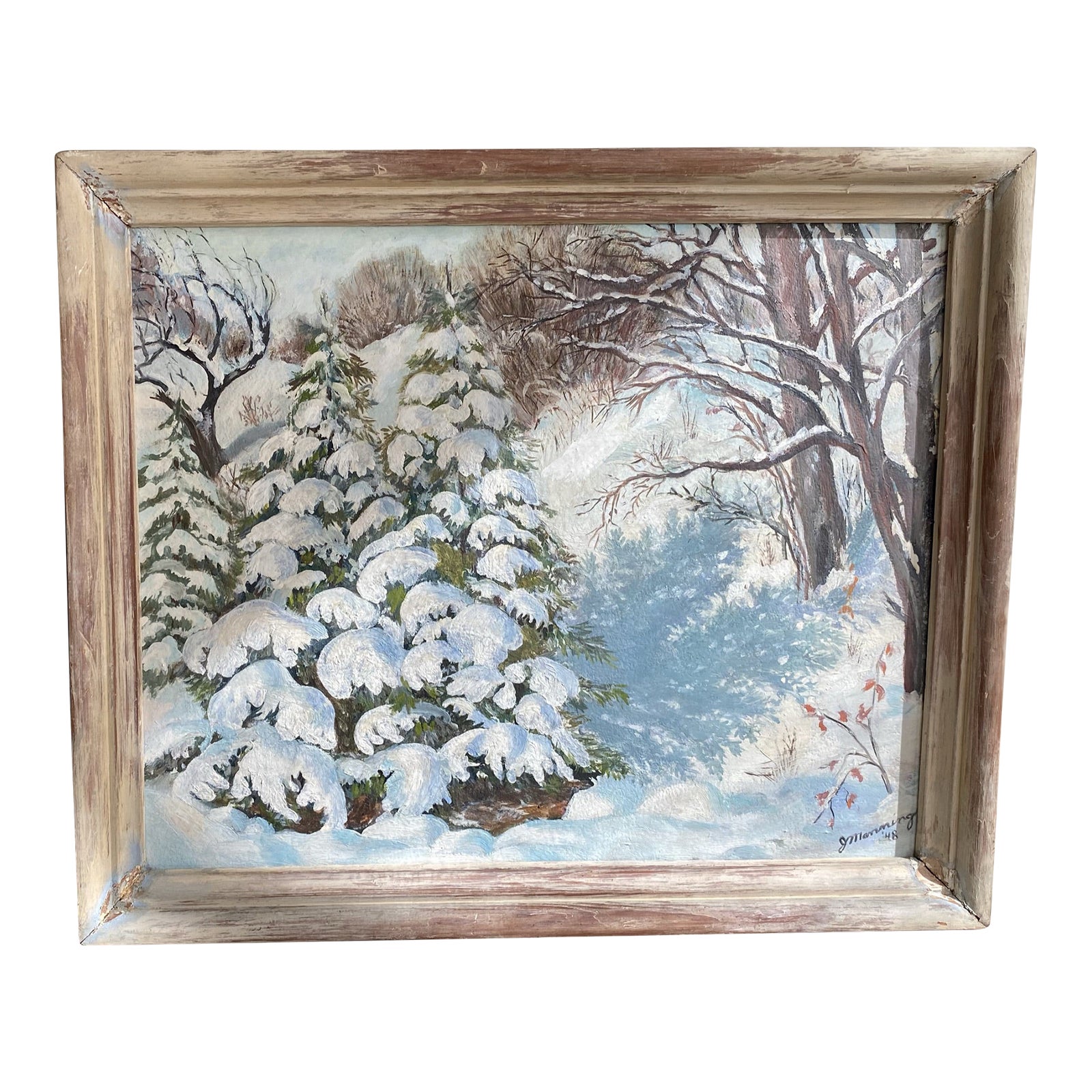 1940s Winter Snow Scene Landscape Oil Painting, Framed | Chairish