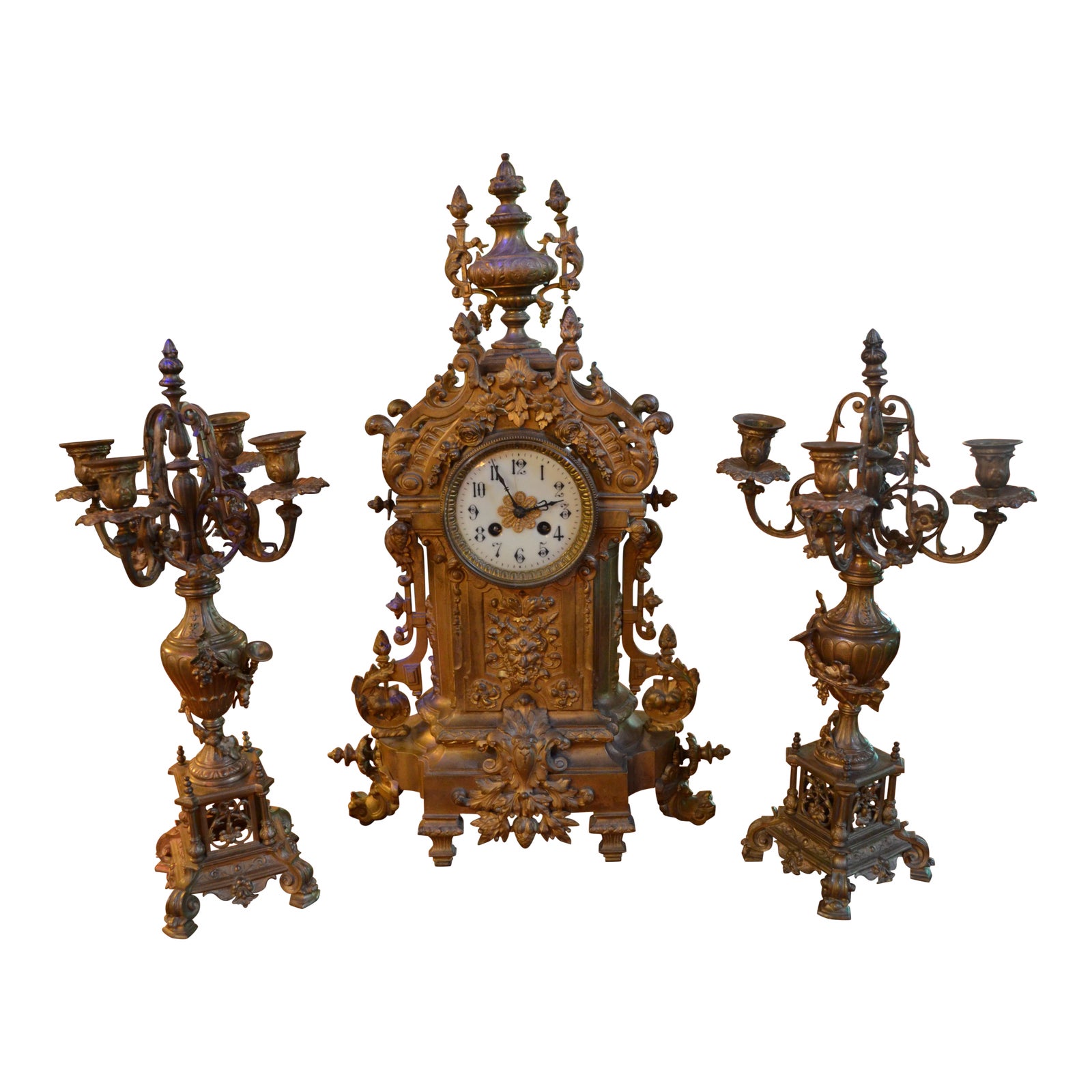 Antique Gilt Bronze Mantle Clock and Two Candelabras - 3 Piece ...